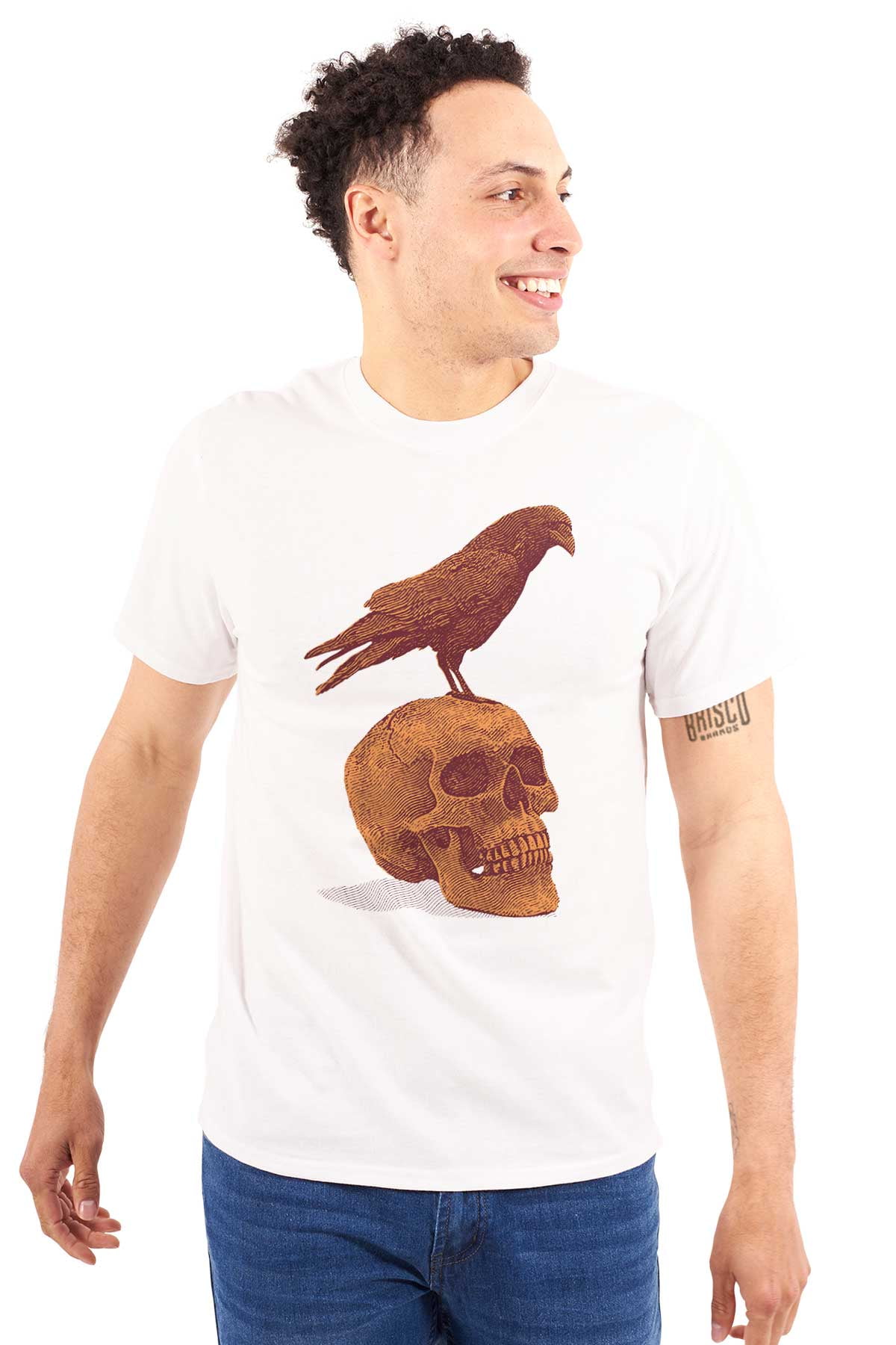Gothic Crow Raven Sitting on Skull Plus Size Crewneck Graphic Tee Shirt ...