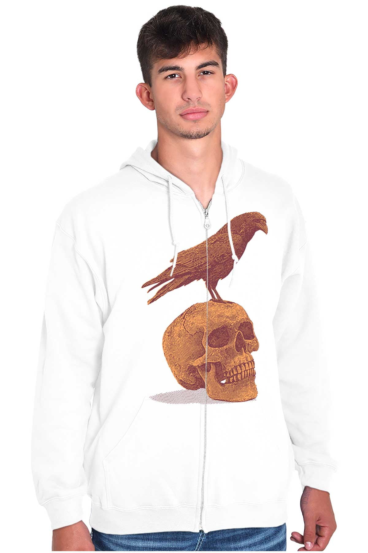 Gothic Crow Raven Sitting on Skull Unisex Fleece Graphic Zip Up Hoodie ...