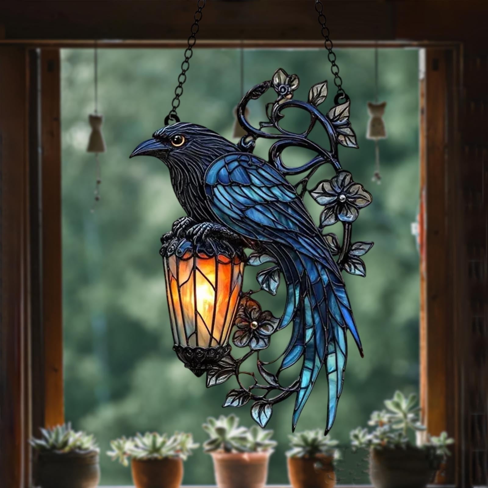 Gothic Crow Stained Glass Suncatcher, 2D Hanging Window Ornament with ...