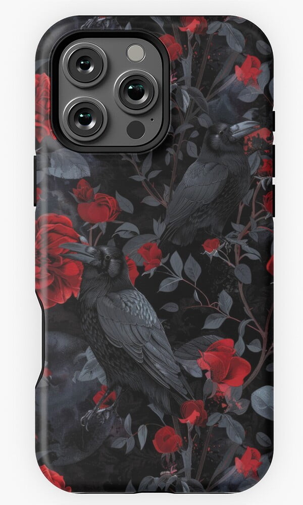 Gothic Crows and Red Roses Phone Case for iPhone 11 12 13 14 15 16 Pro ...