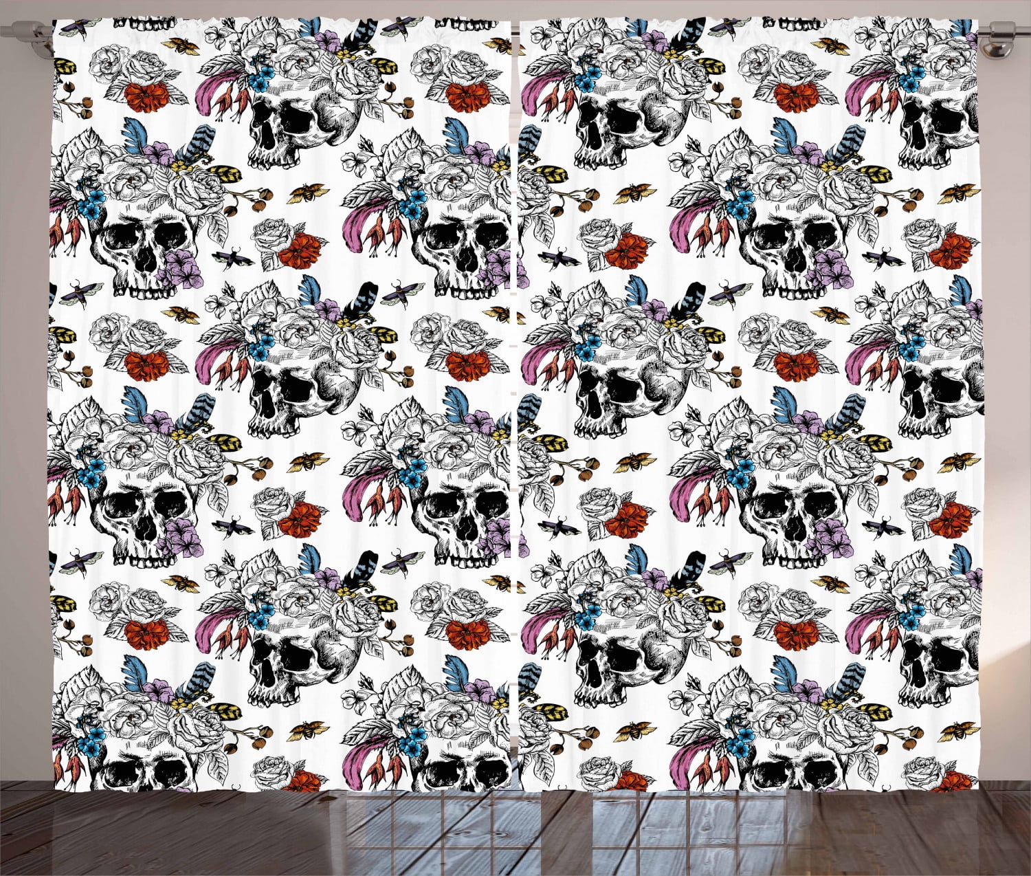 Ambesonne Gothic Curtains 2 Panel Set, Day of the Dead Skulls, 108" x ...