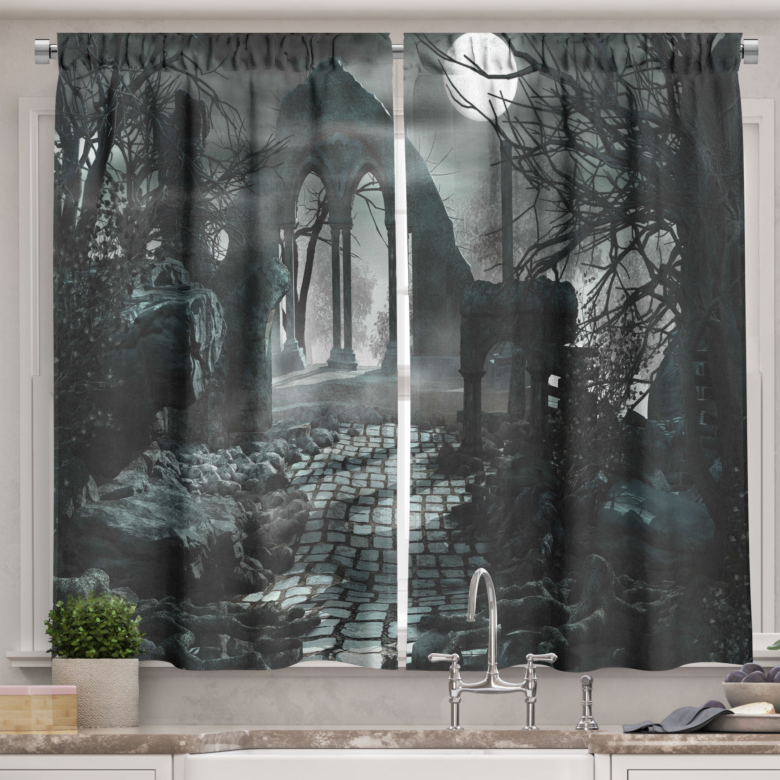 Gothic Curtains 2 Panels Set, Full Moon over Medieval Temple Ruins at ...