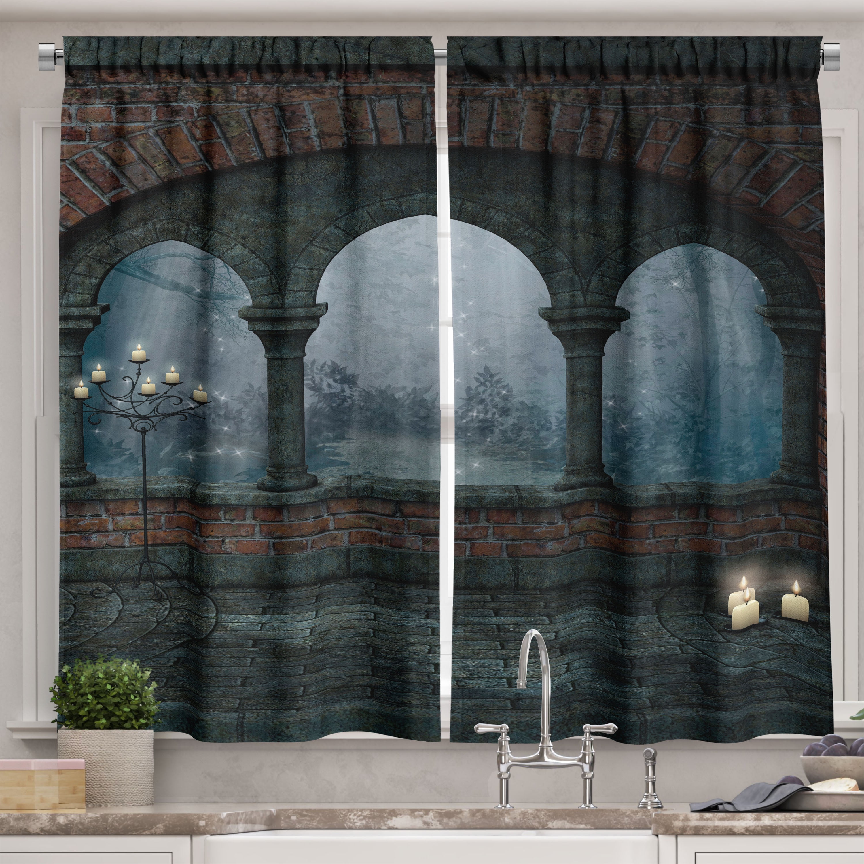 Gothic Curtains 2 Panels Set, Medieval Castle at Night with Old Arch ...