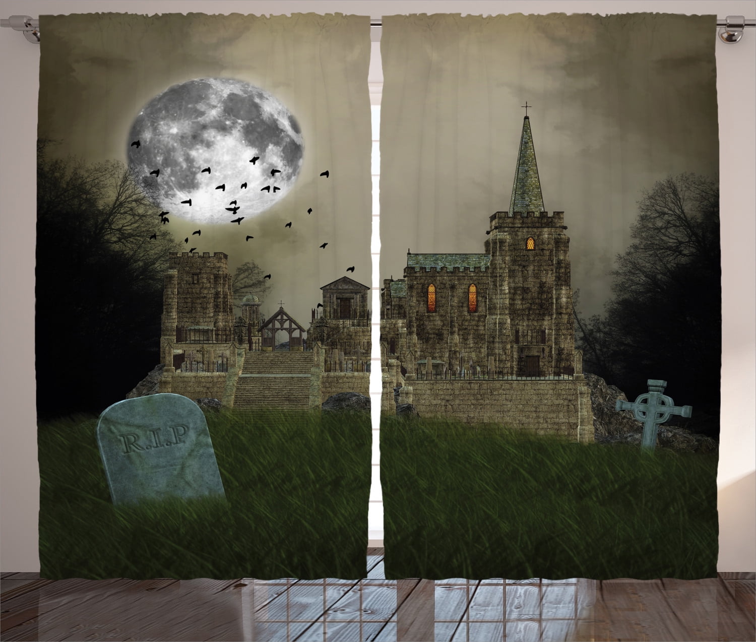 Ambesonne Gothic Curtains 2 Panel Set, Old Village and Grave, 108" x 96 ...