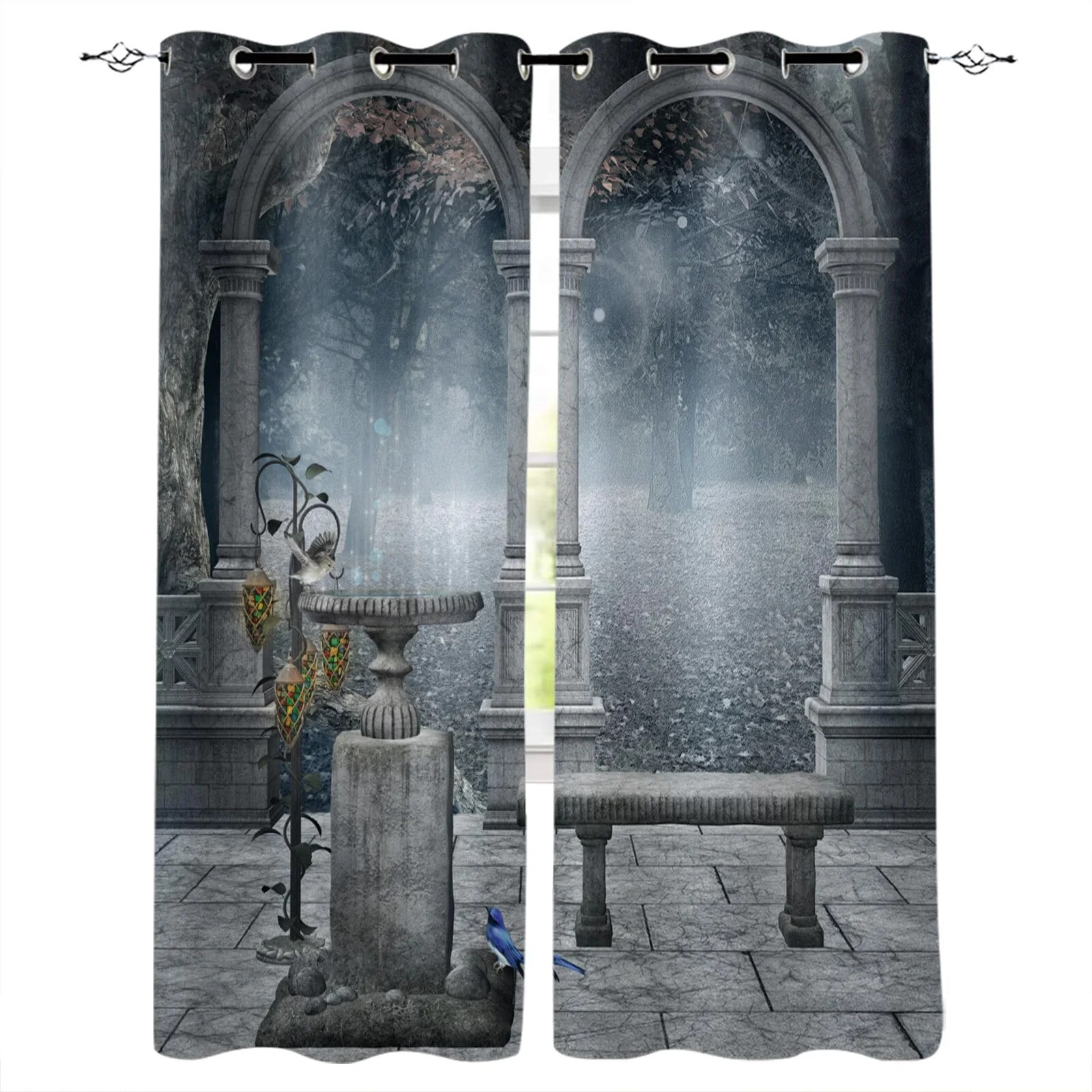 Gothic Curtains Full Moon Light Over Medieval Temple Ruins at Night ...