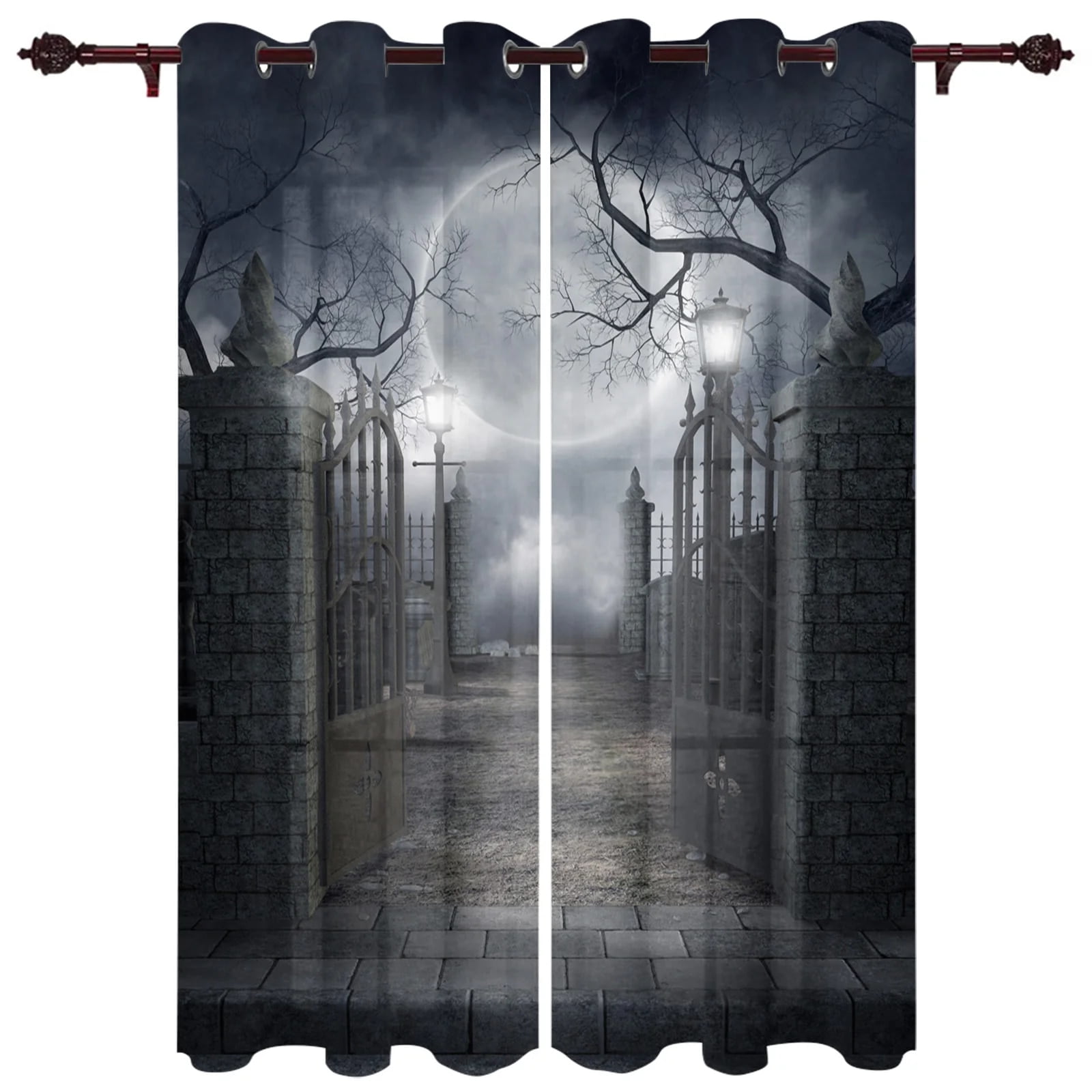 Gothic Curtains Medieval St Gate with Fog Full Moon Pattern Living Room ...