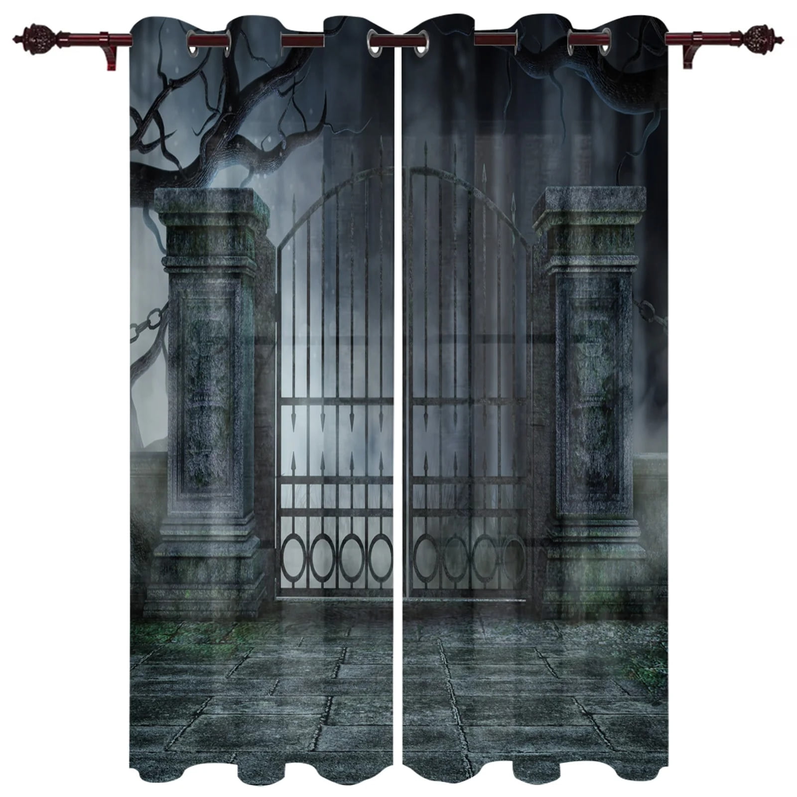 Gothic Curtains Medieval St Gate with Fog Full Moon Pattern Living Room ...
