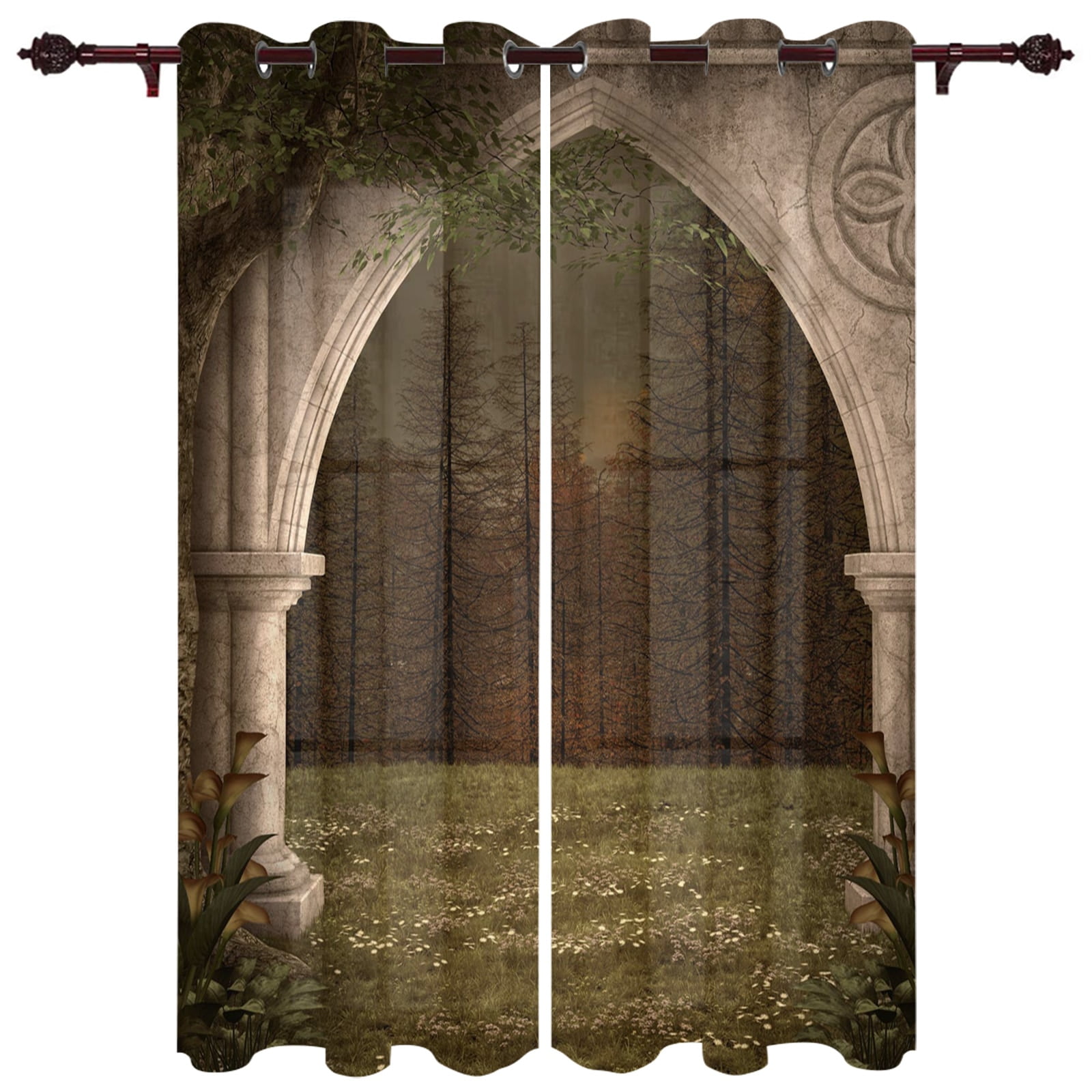 Gothic Curtains Medieval Stone Gate with Fog Full Moon Pattern Living ...