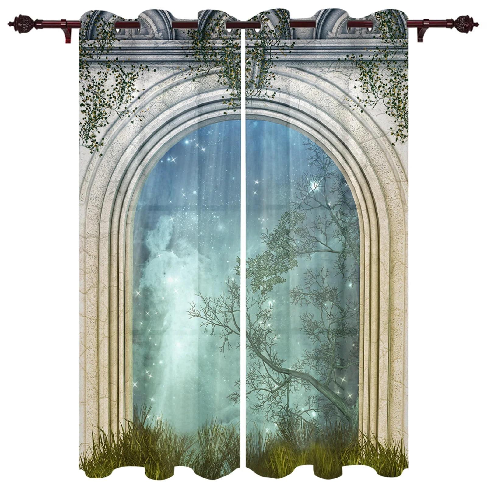 Gothic Curtains Medieval Stone Gate with Fog Full Moon Pattern Living ...