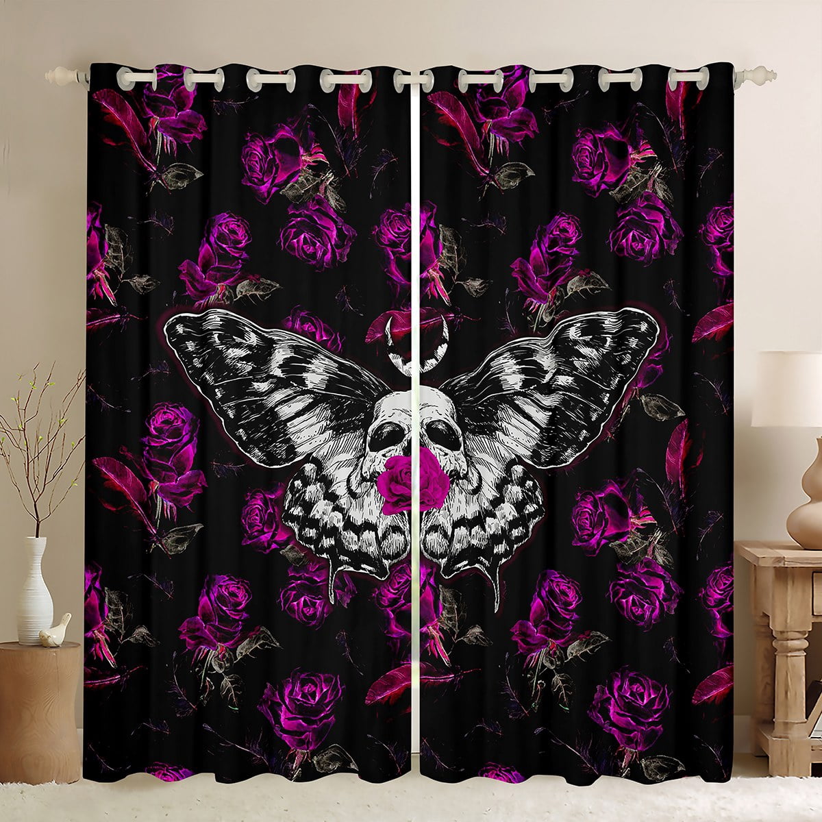 Gothic Curtains & Drapes Sugar Skull Moth Curtains Exotic Peach Fuchsia ...