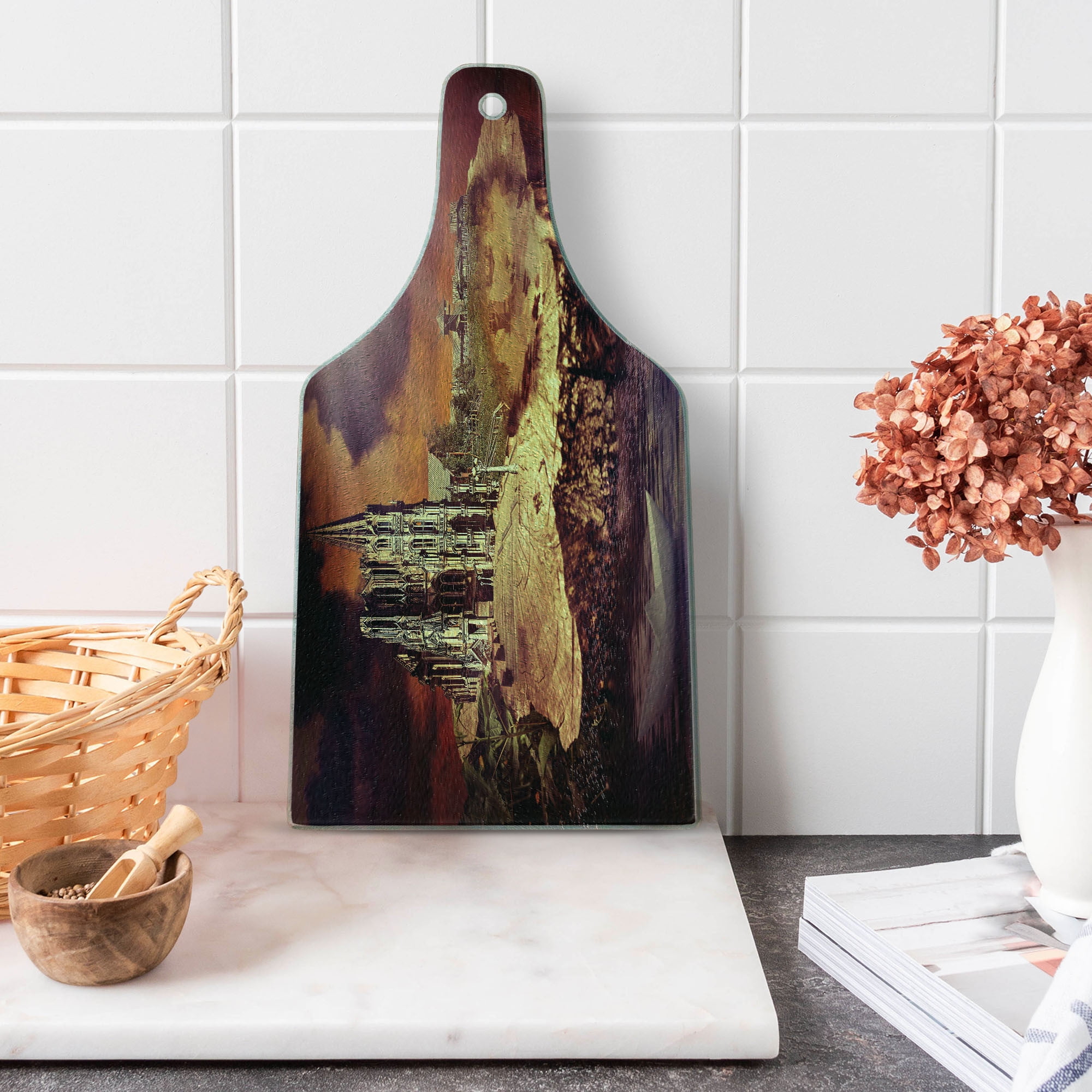 Gothic Cutting Board, Fantasy Castle and Village on Stump in the Water ...