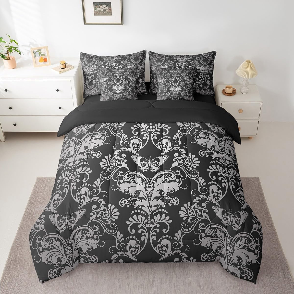 Gothic Damask 7 Piece Comforter Set Full Bed in a Bag Exotic Moth ...