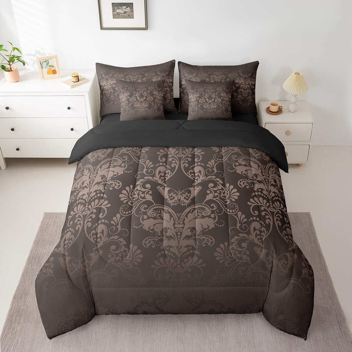 Gothic Damask 7 Piece Comforter Set Full Bed in a Bag Exotic Moth ...
