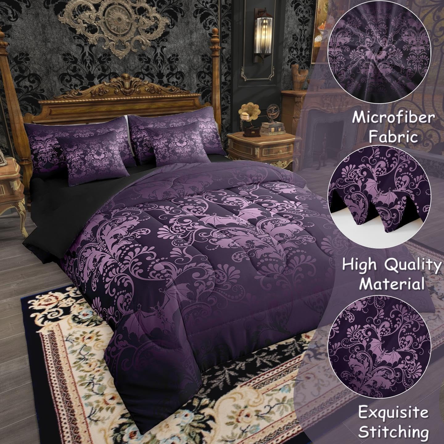 Gothic Damask 7 Piece Comforter Set Full Bed in a Bag,Halloween Bat ...