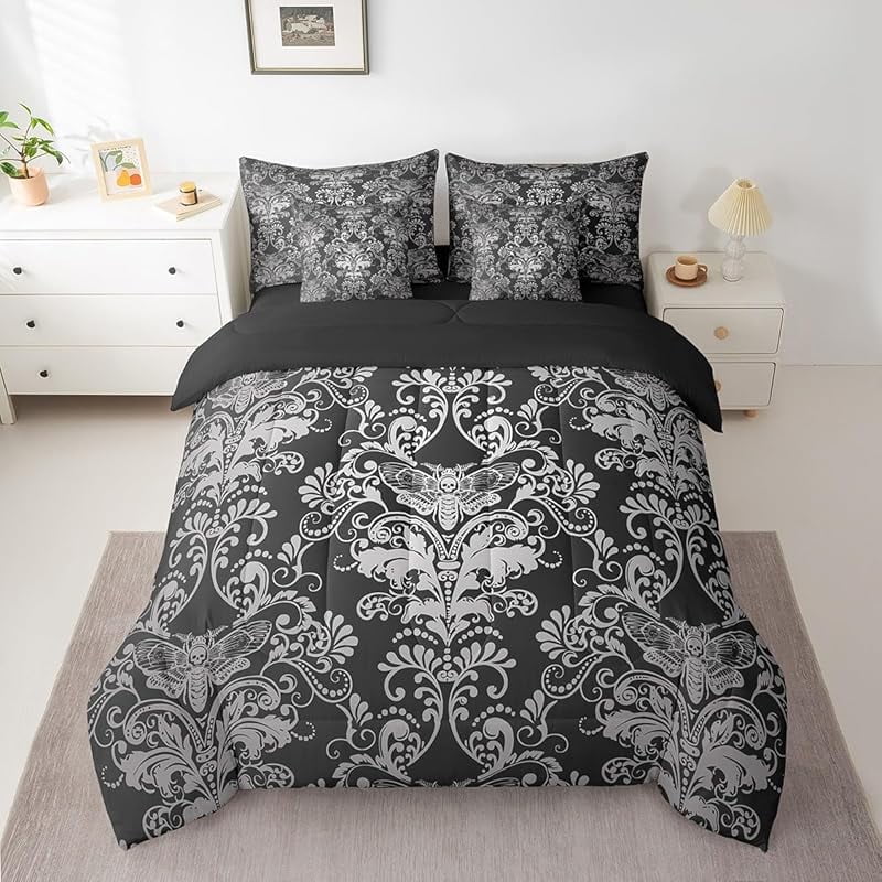 Gothic Damask Comforter Set 7 Piece Bed in a Bag Twin,Exotic Moth ...