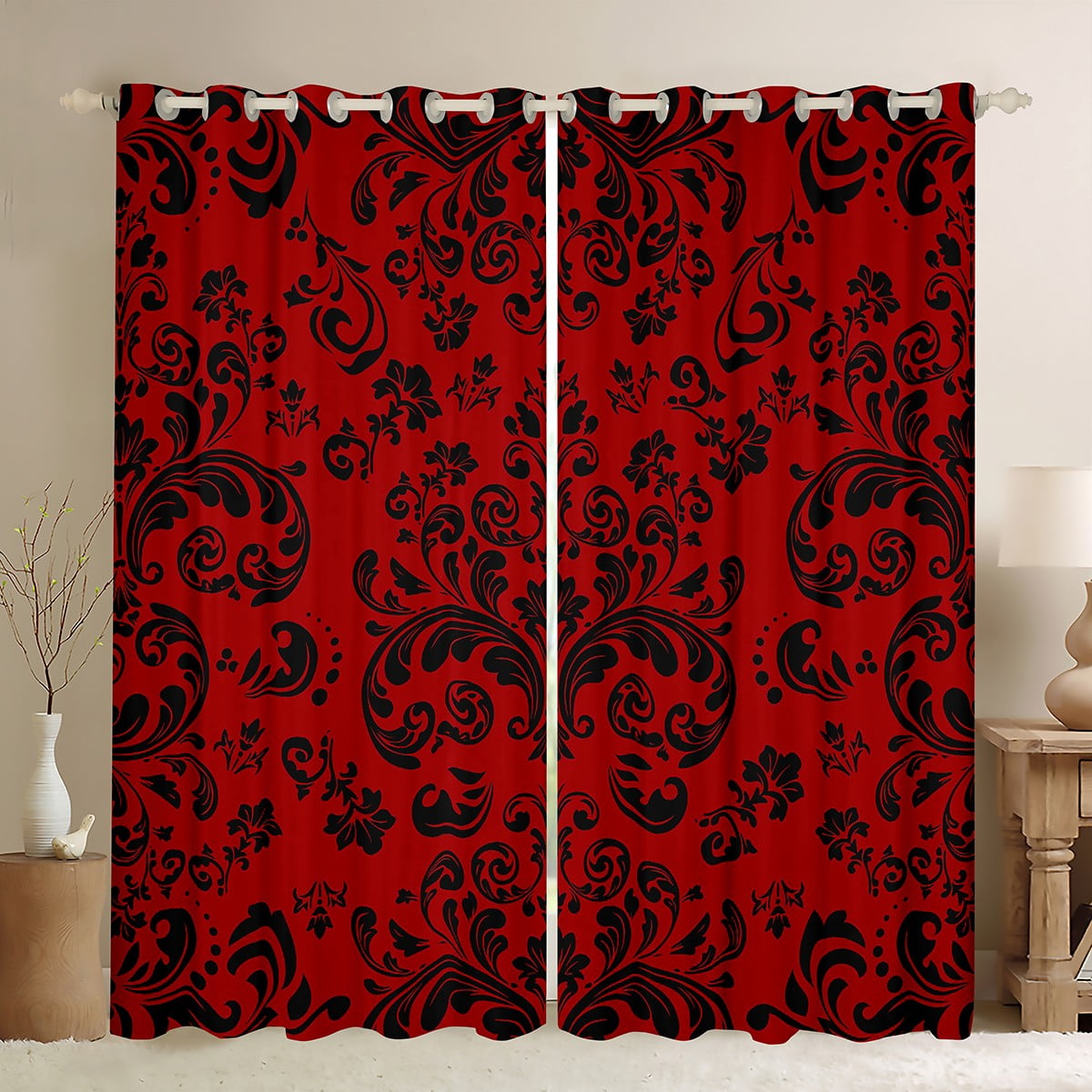 Gothic Damask Curtains Drapes Black Red Victorian Baroque Floral 52 ...