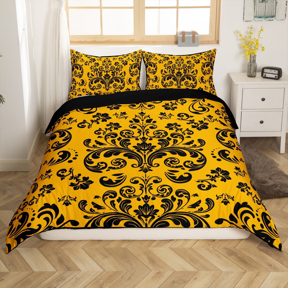 Gothic Damask Duvet Cover Black Yellow Victorian Baroque Floral Full ...