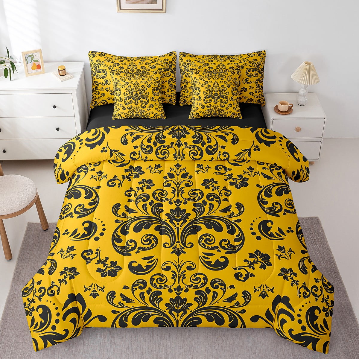 Gothic Damask Full Bed In A Bag 7 Piece Black Yellow Victorian Baroque ...