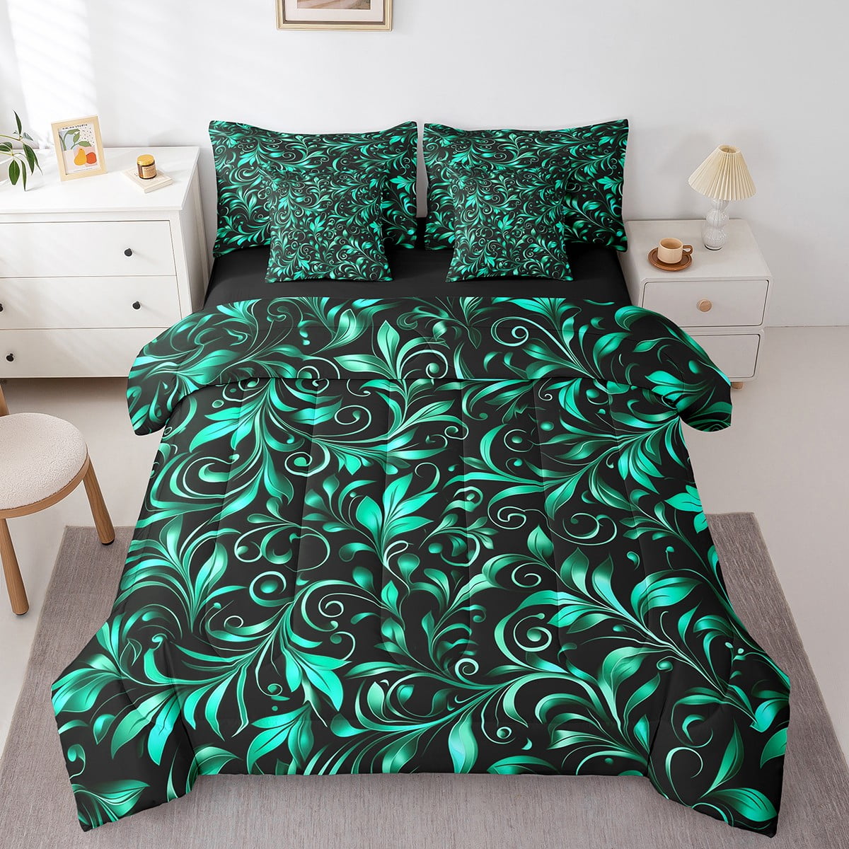 Gothic Damask Full Bedding Set 7 Piece Boho Black Teal Goth Floral ...