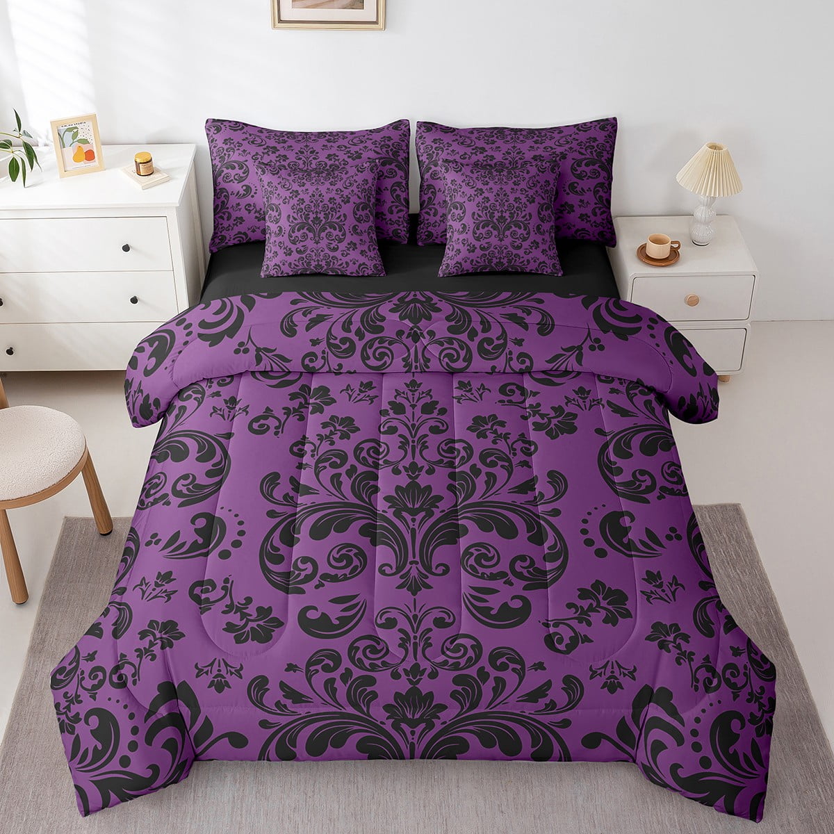 Gothic Damask Full Comforter Set 7 Piece Black Purple Victorian Baroque ...