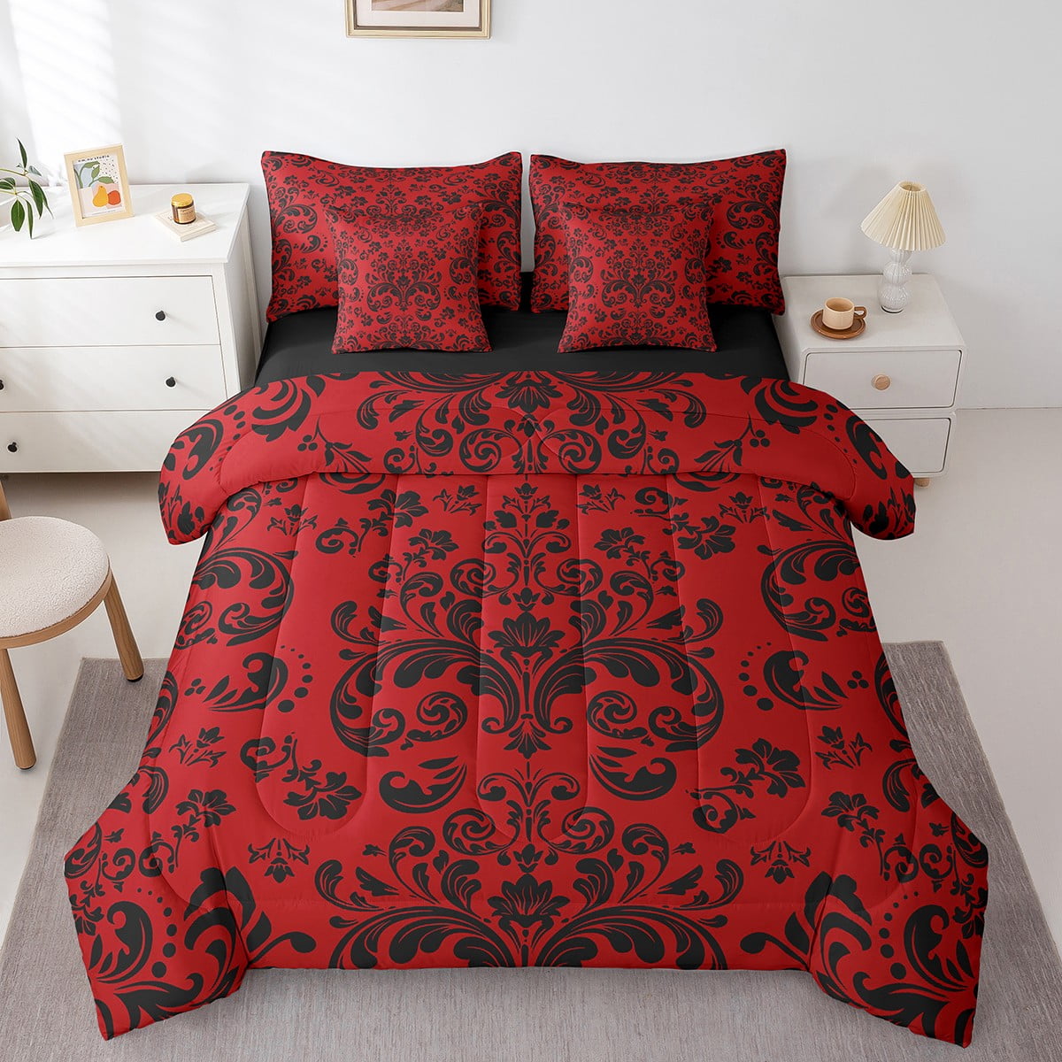 Gothic Damask King Bedding Set 7 Piece Black Red Victorian Baroque ...