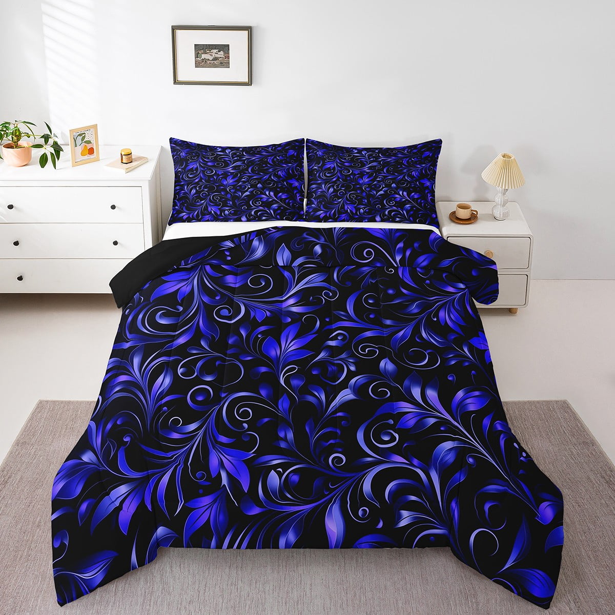 Gothic Damask King Bedding Set Boho Black Blue Goth Floral Comforter ...