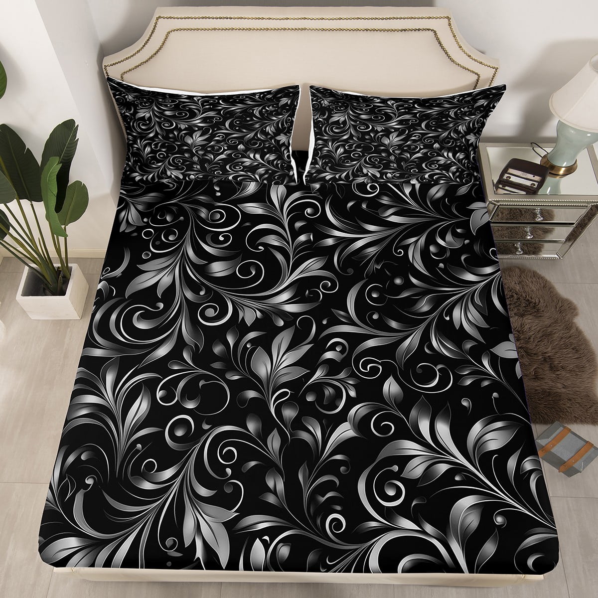 Gothic Damask Queen Bed Sheets Boho Black Grey Goth Floral Fitted ...