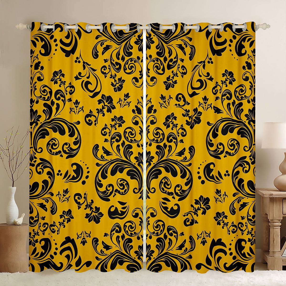 Gothic Damask Window Curtains Black Yellow Victorian Baroque Floral 38 ...