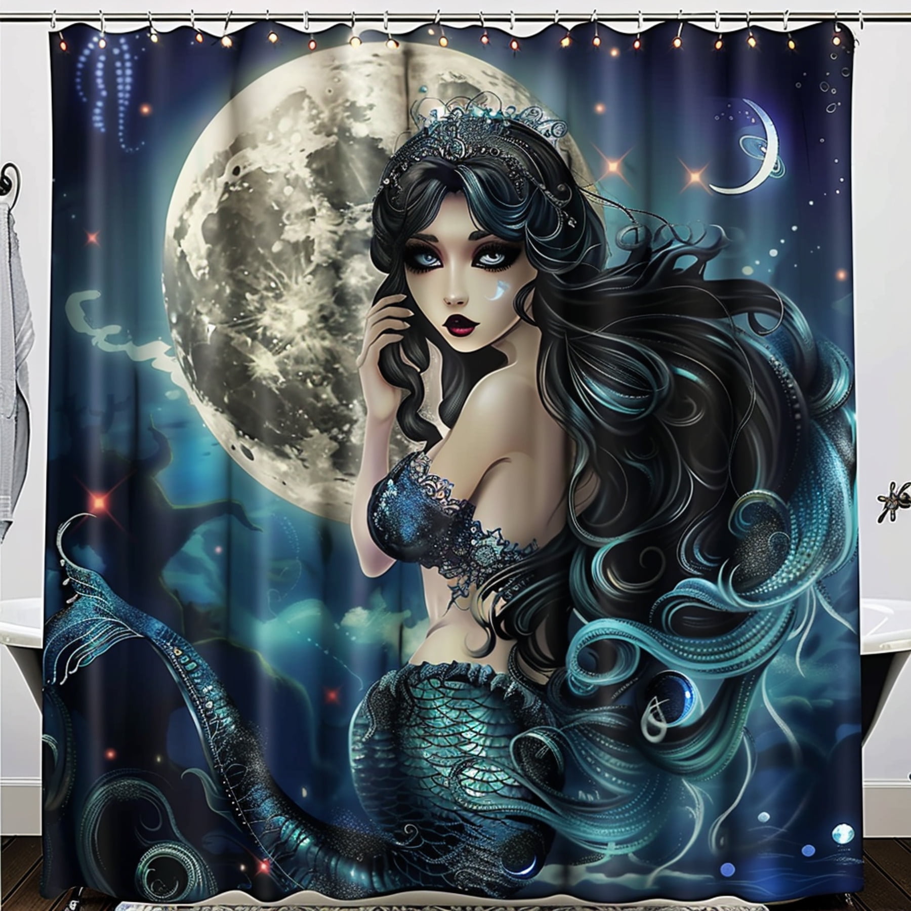 Gothic Dark Fantasy Mermaid Shower Curtain Blue Eyes Black Hair Moon ...