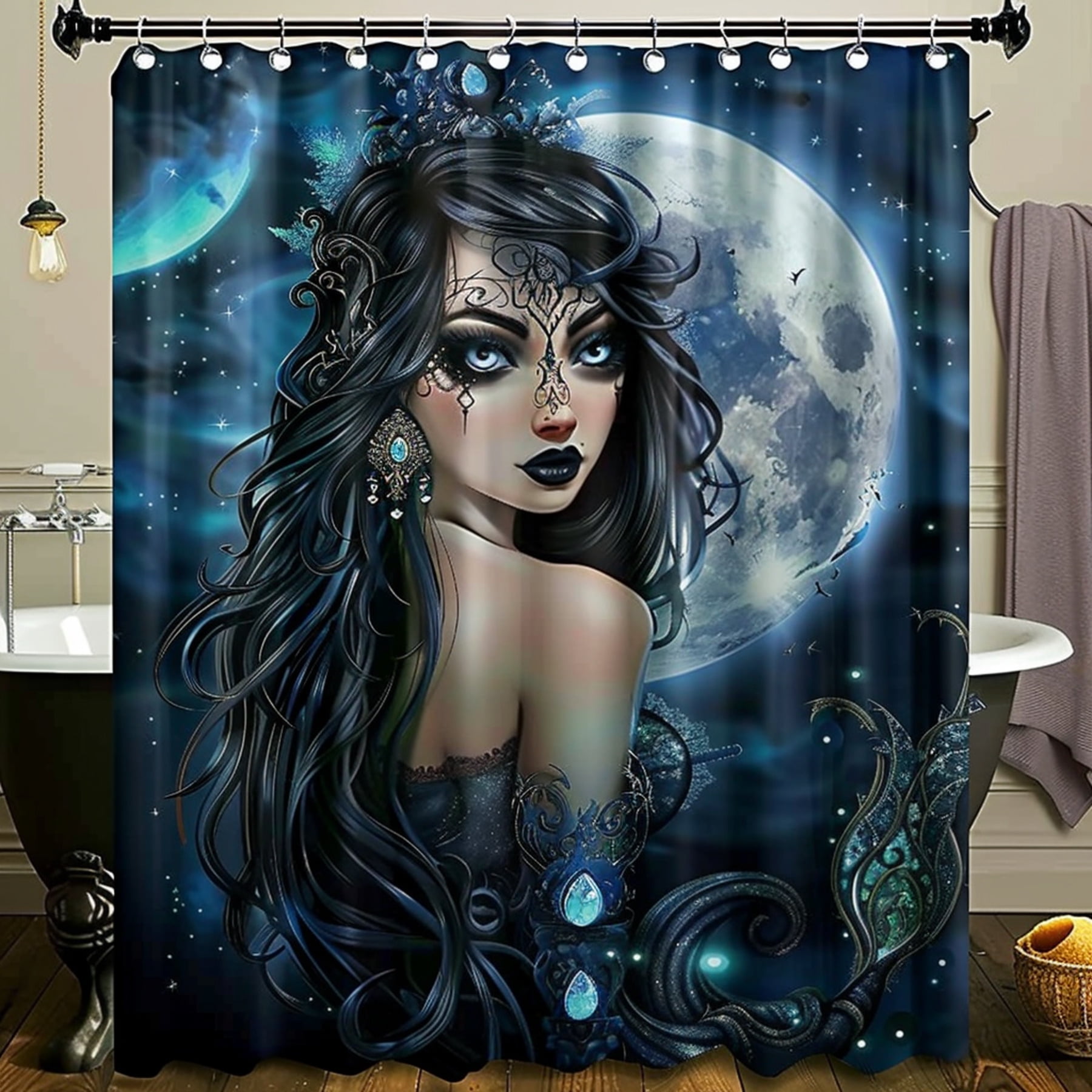 Gothic Dark Fantasy Mermaid Shower Curtain with Blue Eyes and Black ...