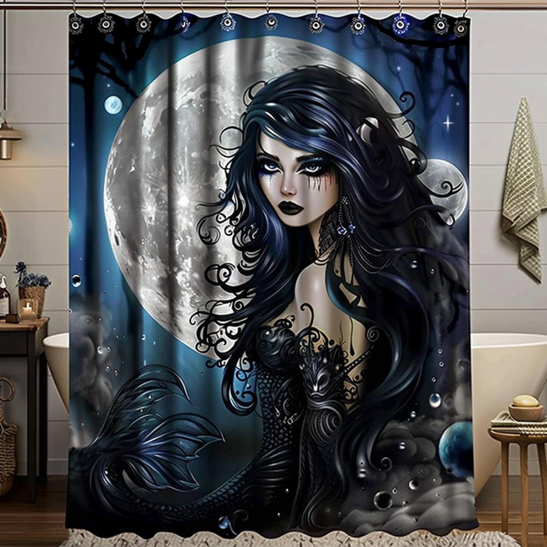 Gothic Dark Fantasy Mermaid Shower Curtain with Blue Eyes and Black ...