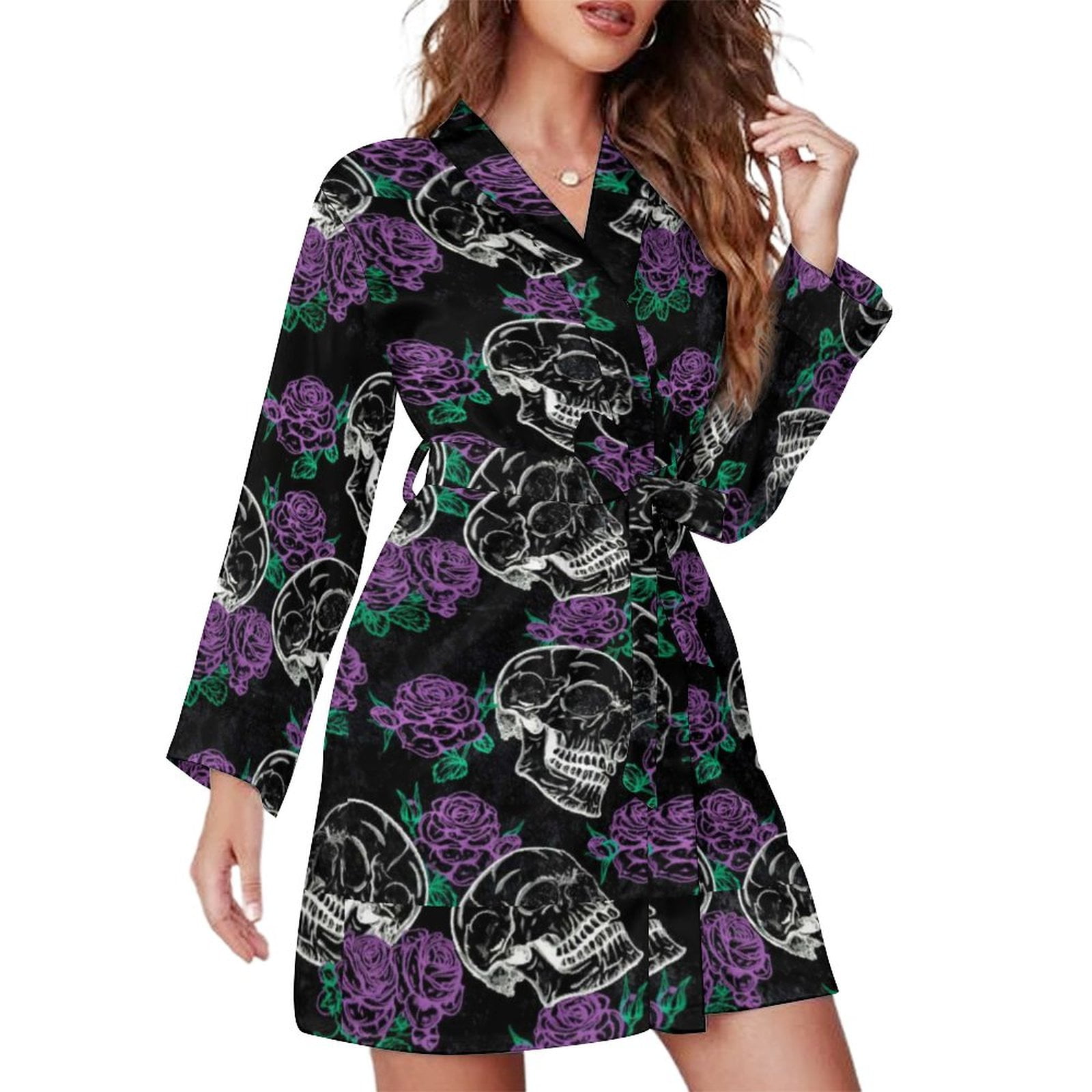 Gothic Dark Roses Pajama Robe Sugar Skull Print Long Sleeve Pajamas ...