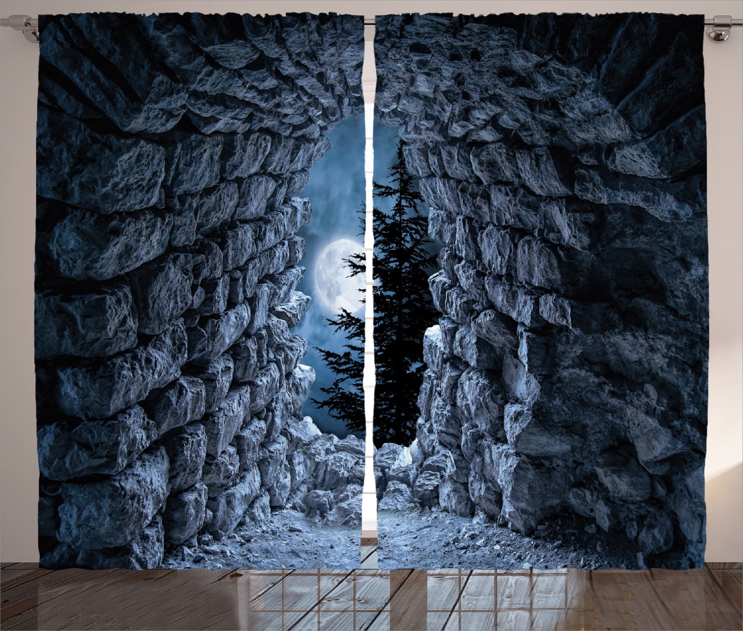 Ambesonne Gothic Curtains 2 Panel Set, Full Moon Dark Cave, 108" x 84 ...