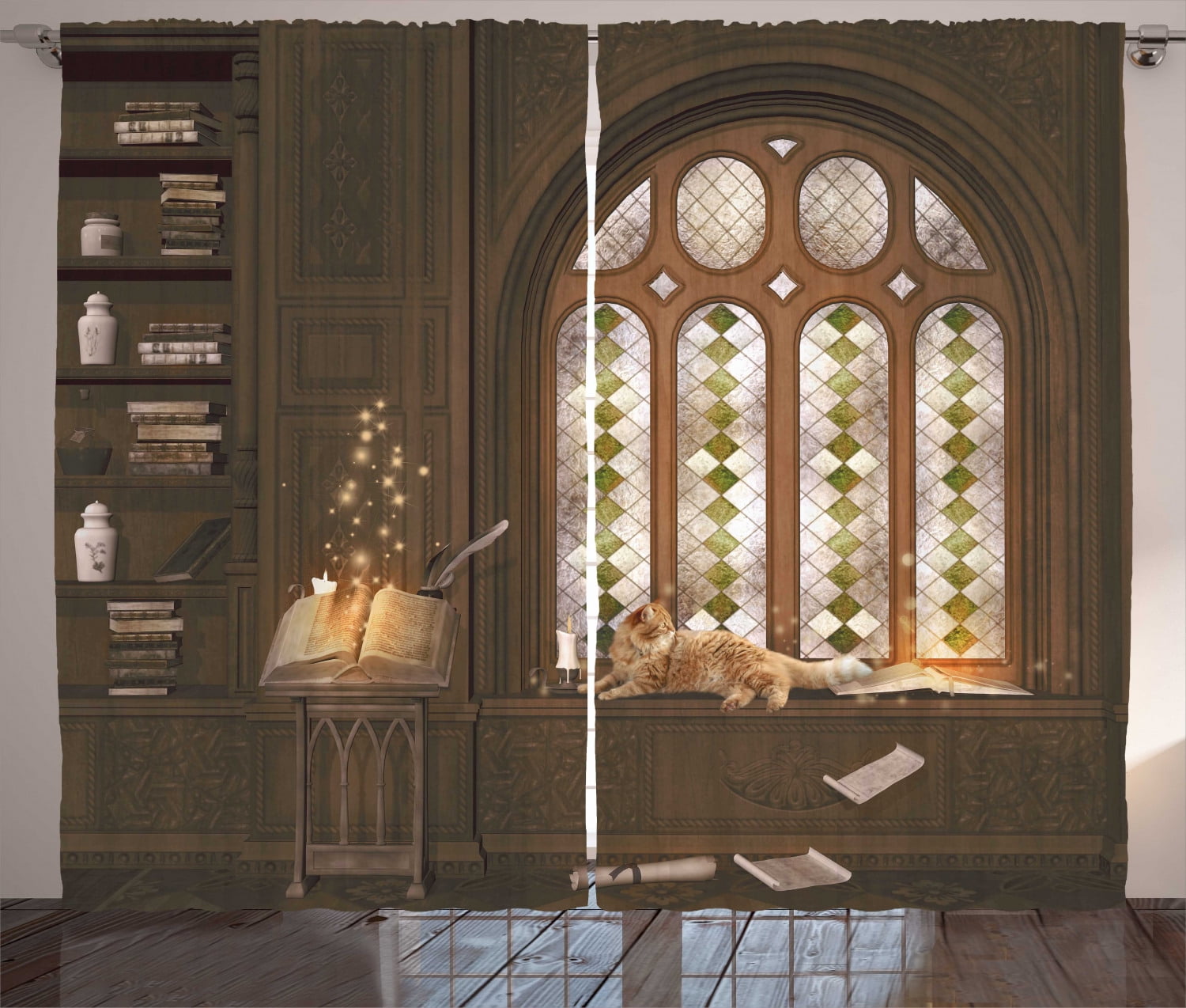 Ambesonne Gothic Curtains 2 Panel Set, Medieval Library Cat, 108" x 84 ...