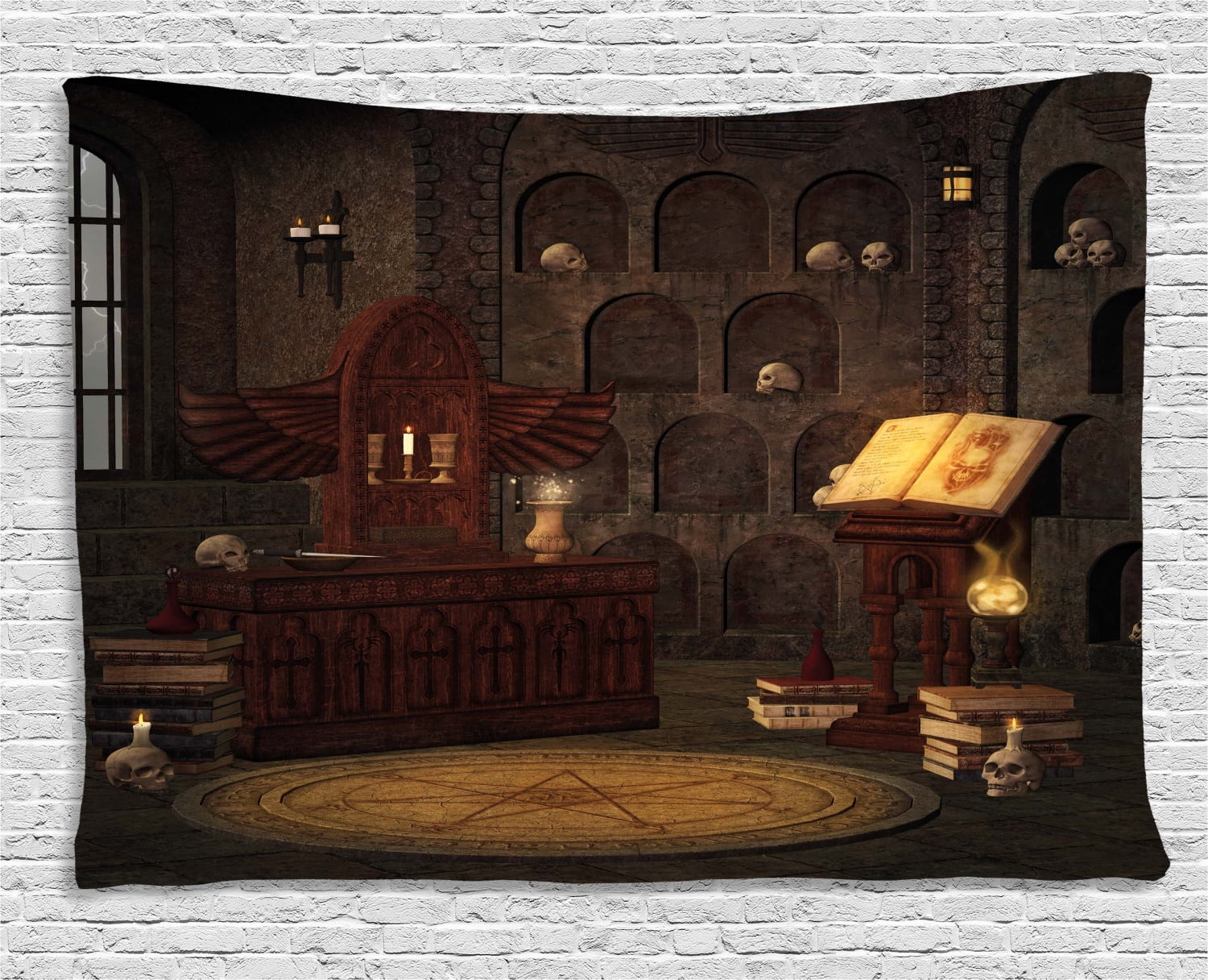 Gothic Decor Tapestry, Chamber of Secret Rite with Skulls on the Wall ...