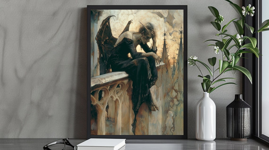 Gothic Demon Art Print, Brooding Winged Creature On Gothic Balcony ...