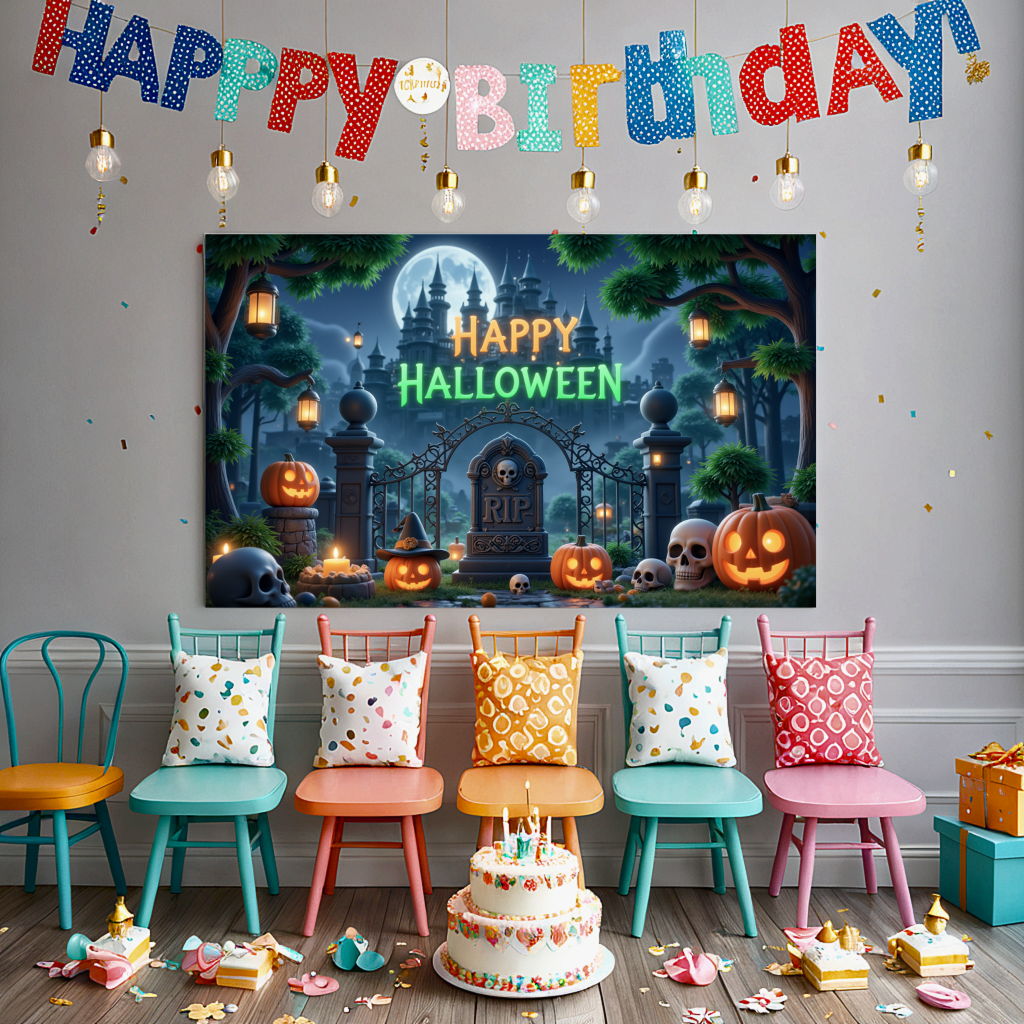 Gothic Design Happy Halloween Jack o Lantern Tombstone Cemetery Banner ...