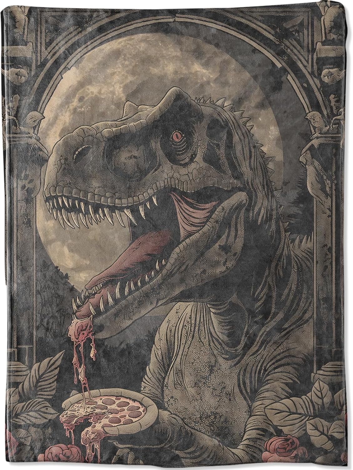 Gothic Dinosaur Throw Blanket, Fierce Dino Enjoying Pizza in Moonlight ...