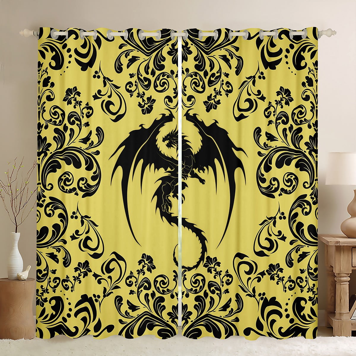 Gothic Dragon 30%-50% Blackout Curtains 38"Wx54"L Goth Gold Black ...
