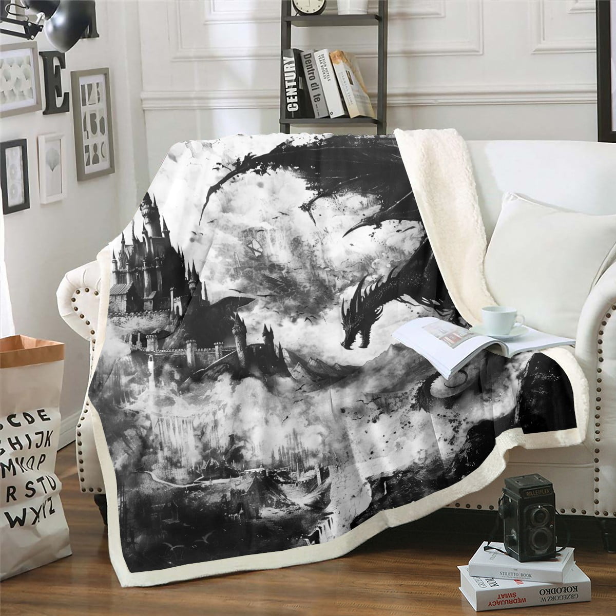 Gothic Dragon 40"x50" Throw Blanket,Black and White Vintage Dragon ...