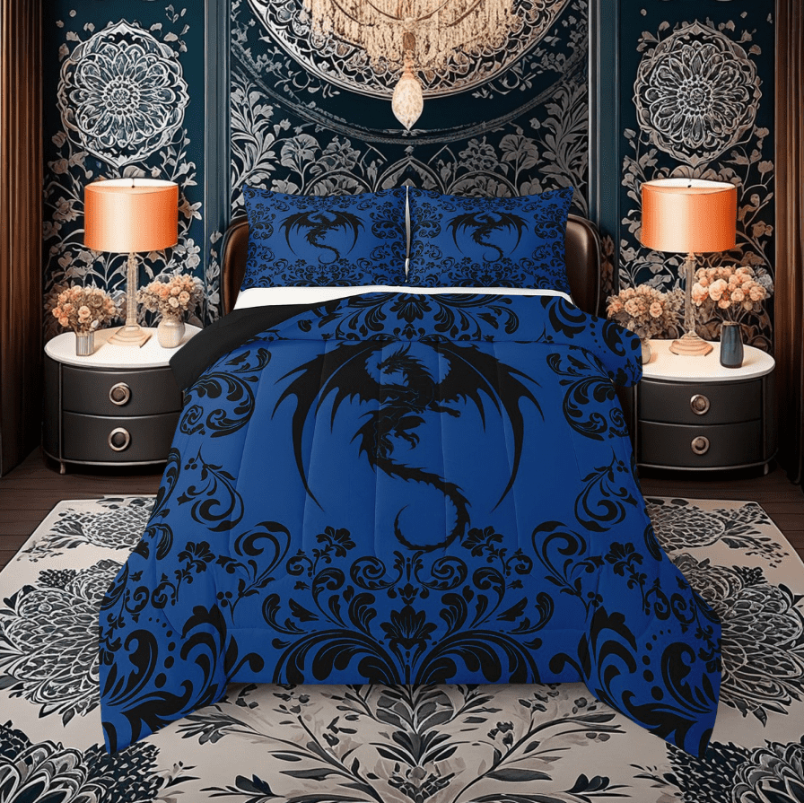 Gothic Dragon Bedding Set Boho Goth Black Blue Damask Comforter Set ...