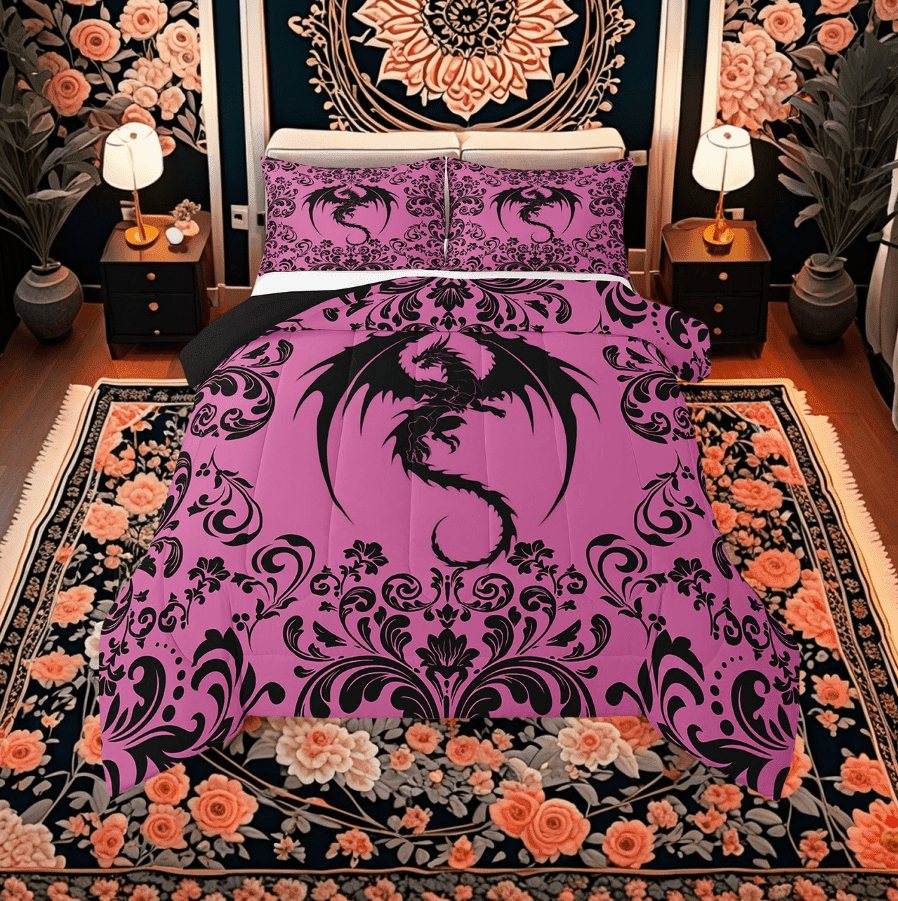Gothic Dragon Bedding Set Full Boho Goth Pink Black Damask Comforter ...