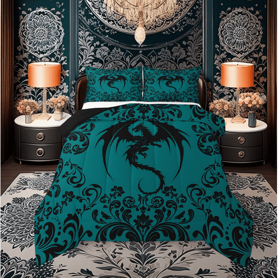 Gothic Dragon Bedding Set King Boho Goth Teal Black Damask Bed ...