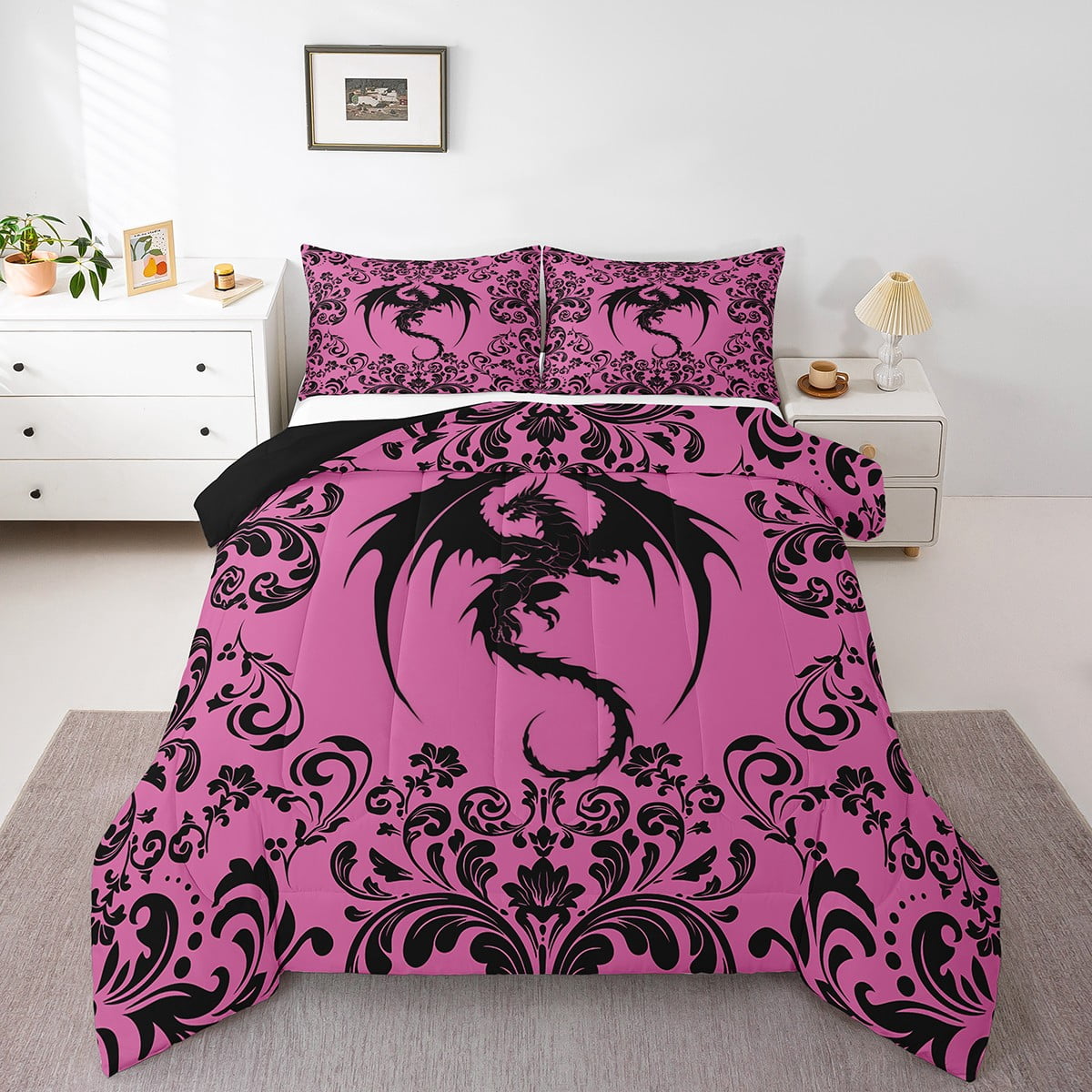 Gothic Dragon Bedding Set Queen Boho Goth Pink Black Damask Comforter ...
