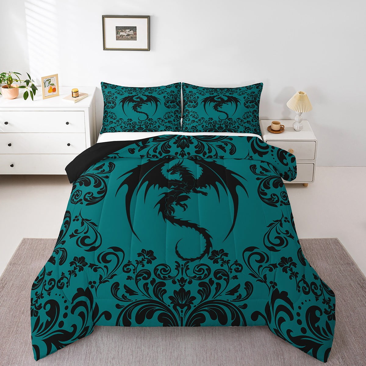 Gothic Dragon Bedding Set Queen Boho Goth Teal Black Damask Bed ...