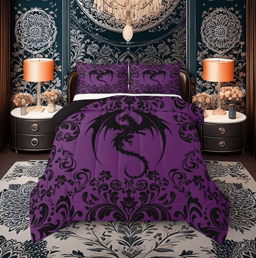 Gothic Dragon Comforter Set Queen Boho Goth Purple Black Damask Bedding ...
