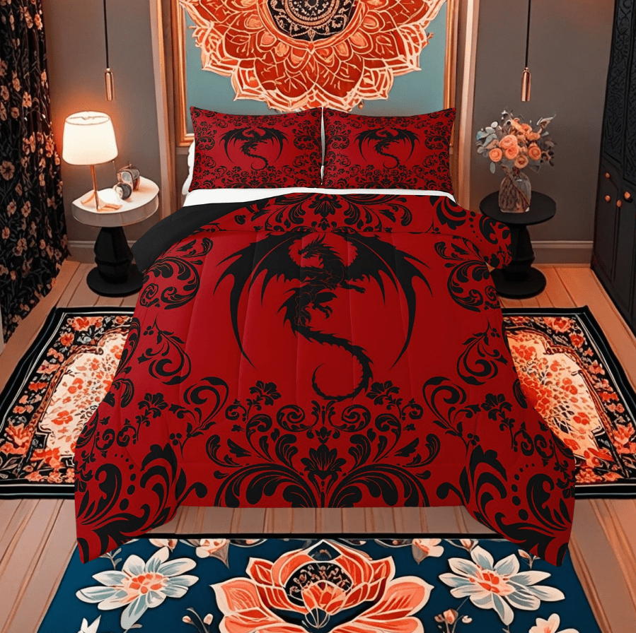 Gothic Dragon Comforter Set Queen Goth Red Black Damask Bedding Set ...