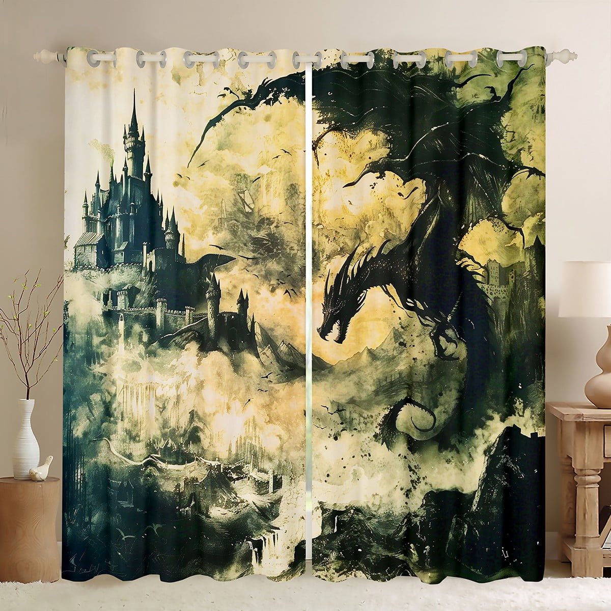 Gothic Dragon Curtains & Drapes,Vintage Black Dragon Blackout Curtains ...