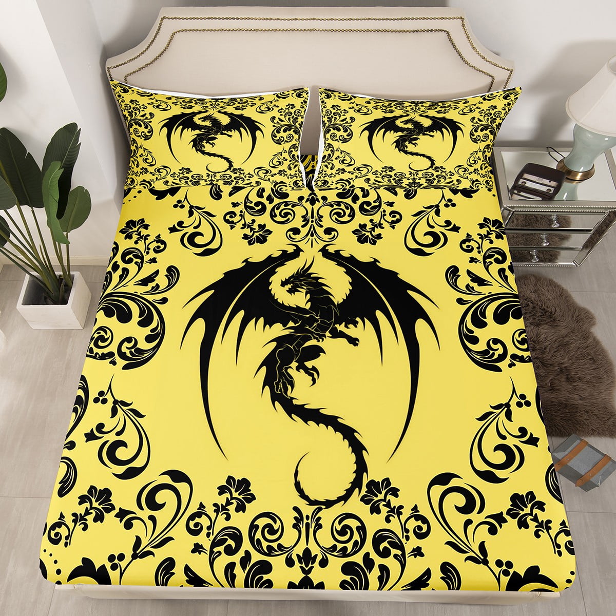Gothic Dragon Fitted Sheet Twin Goth Gold Black Damask Bed Sheets ...