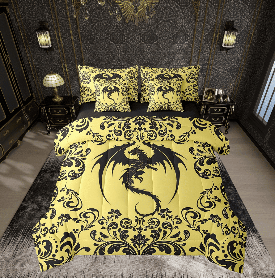 Gothic Dragon Full Comforter Set 7 Piece Goth Gold Black Damask Bedding ...